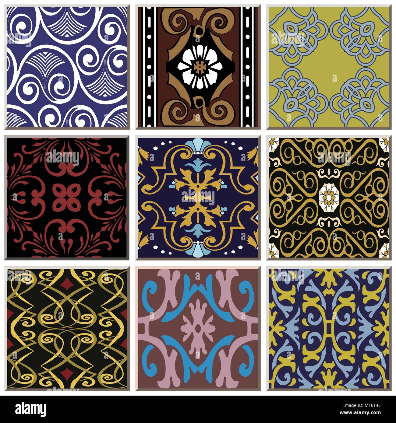 Oriental antique retro ceramic tile pattern combo collection set, vintage interior floor ...