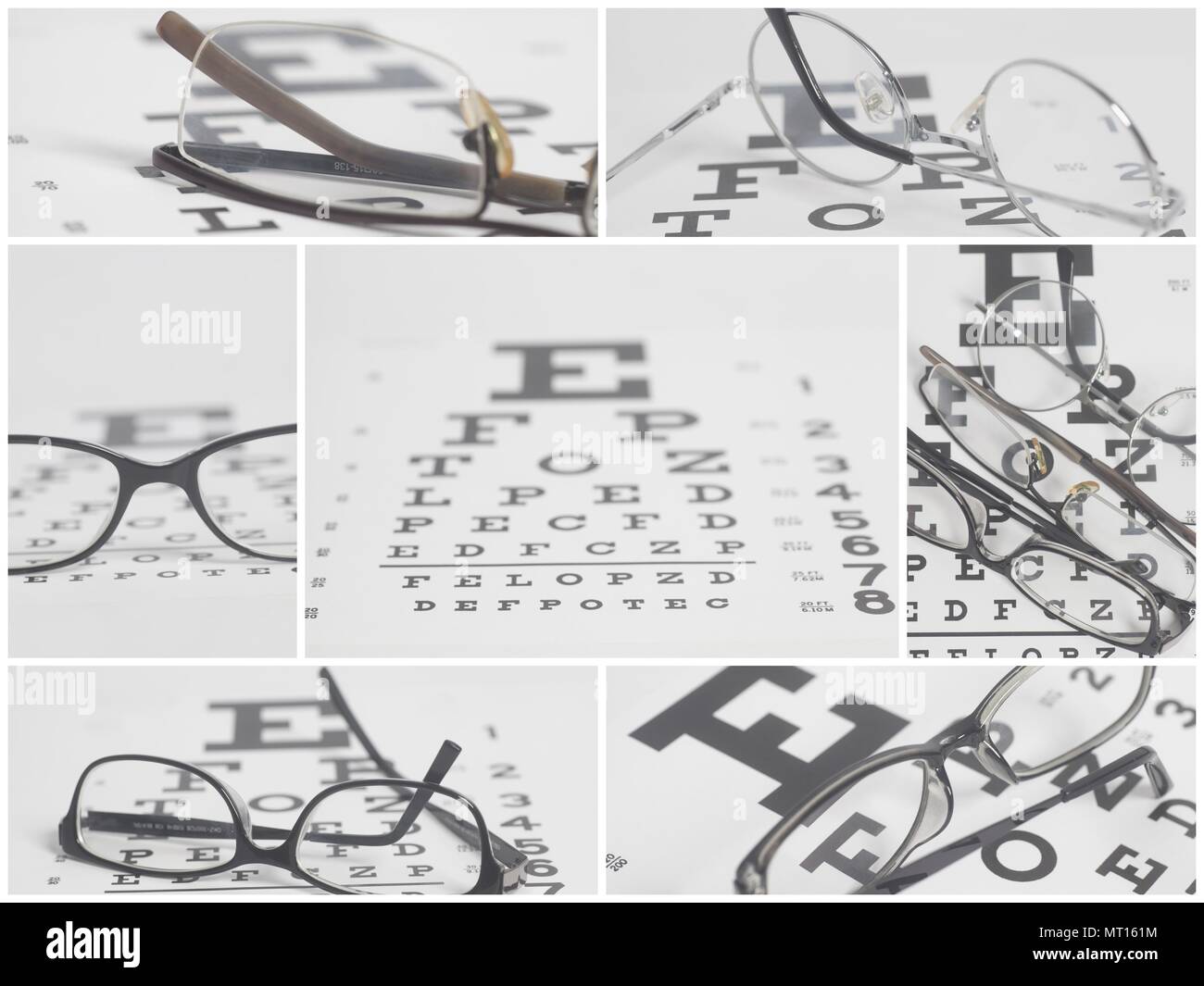 Eyeglasses on eyesight test chart background close-up. Collage Stock ...