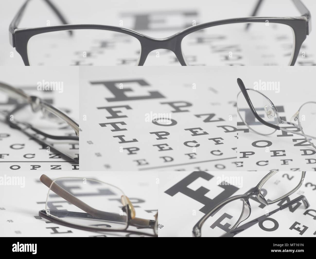 Eyeglasses on eyesight test chart background close-up. Collage Stock ...