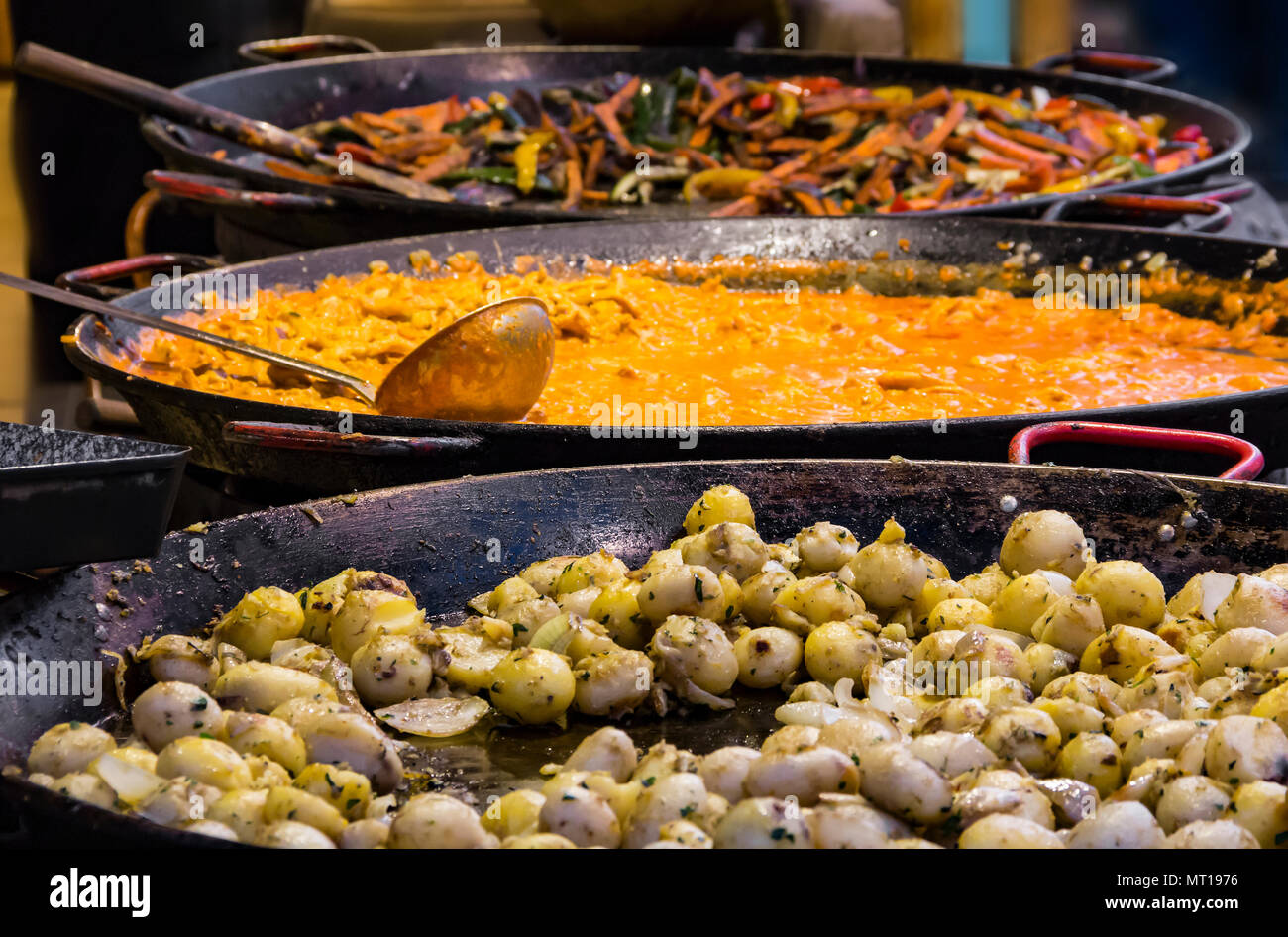 Traditional Hungarian foods (stewed vegetables and meat, goulash, ham ...