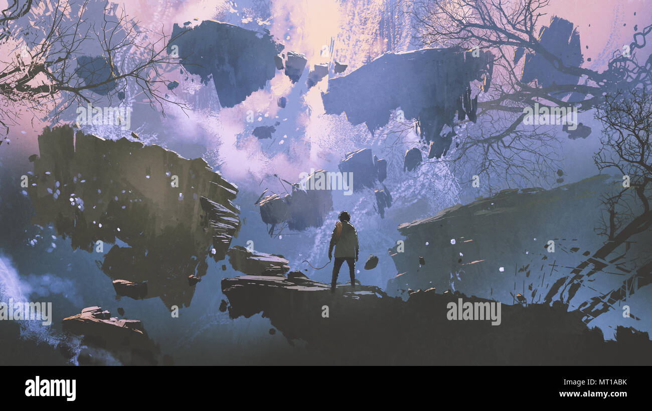 man standing on a rock in the world without gravity, digital art style ...