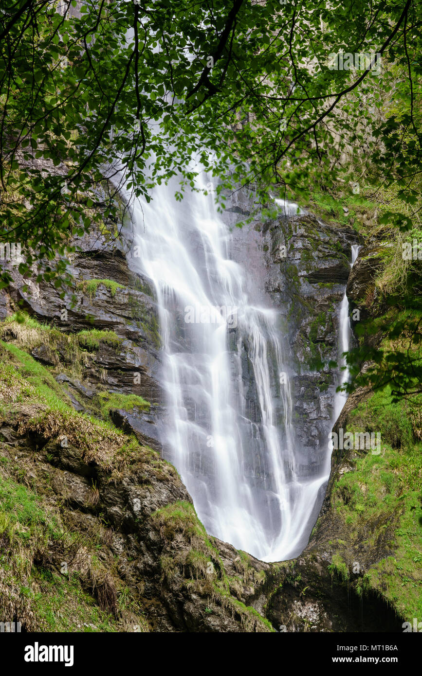 Water falling into midway pool at waterfall of Pistyll Rhaeadr in Wales ...