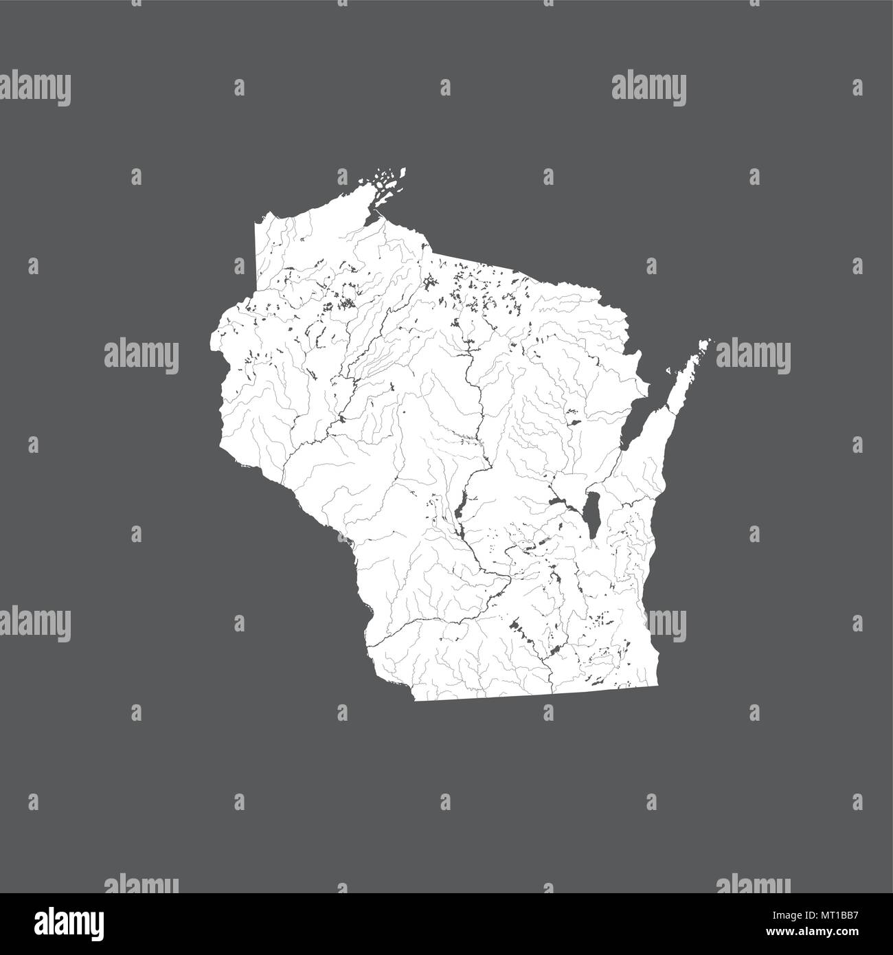 U.S. states - map of Wisconsin. Hand made. Rivers and lakes are shown ...