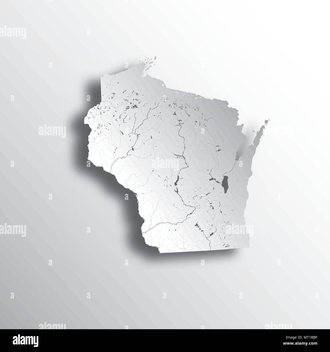 U.S. states - map of Wisconsin with paper cut effect. Hand made. Rivers ...