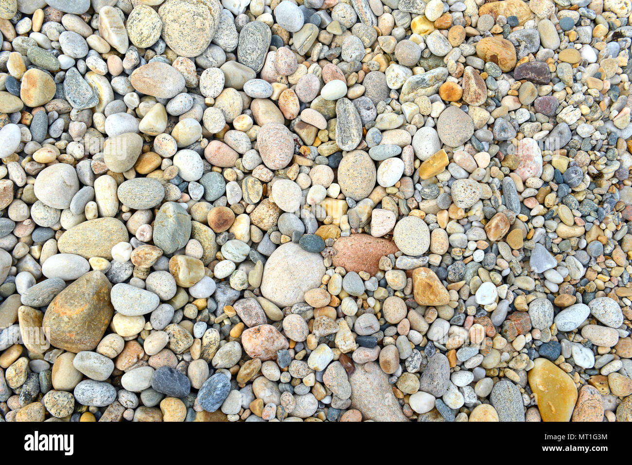 Closeup of rocks, pebbles and boulders on rocky beach which have been ...