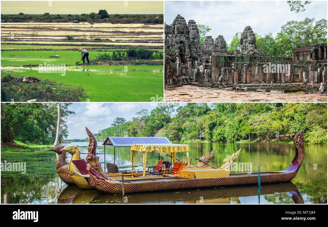 Collage of Cambodia and the stone faces. Collage of Cambodia and the ...