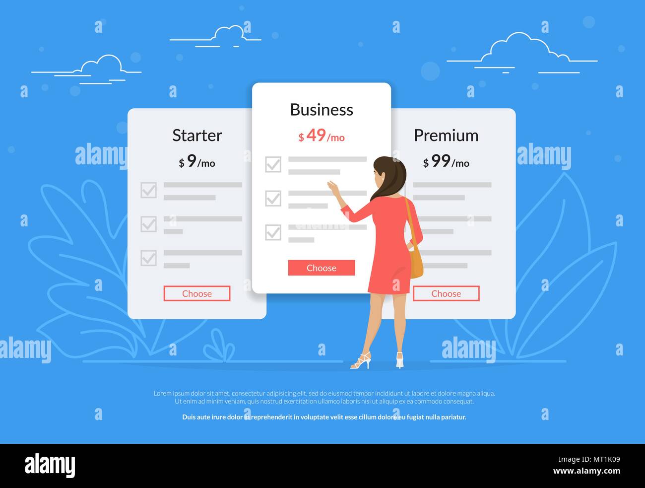 Choose your subscription or payment plan. Young woman standing near ...