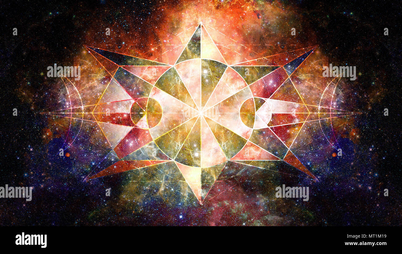 Abstract cosmos geometric background with polygons, triangles, stars ...