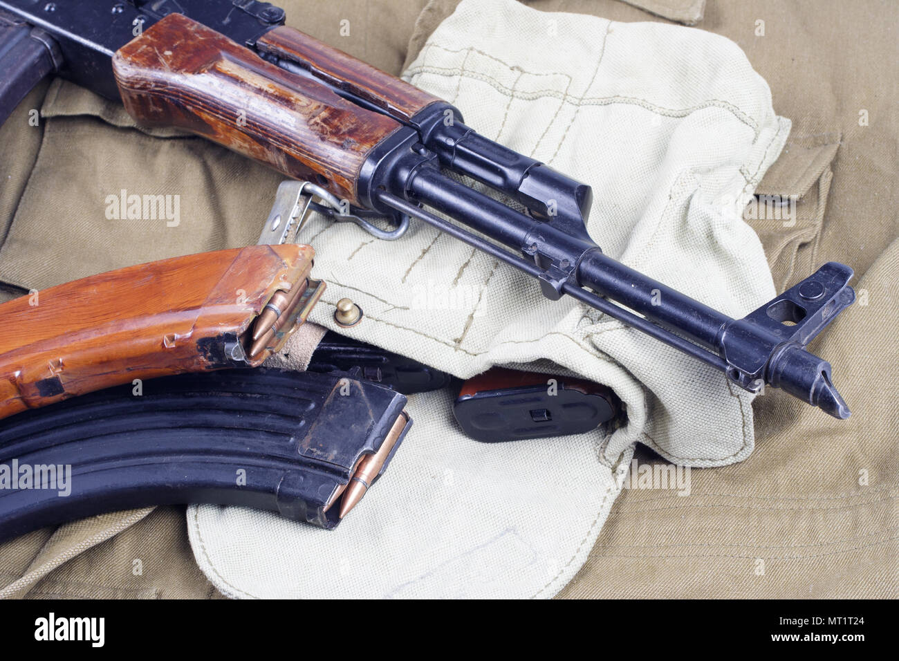 AK47 on USSR Soviet Army khaki uniform background Stock Photo - Alamy