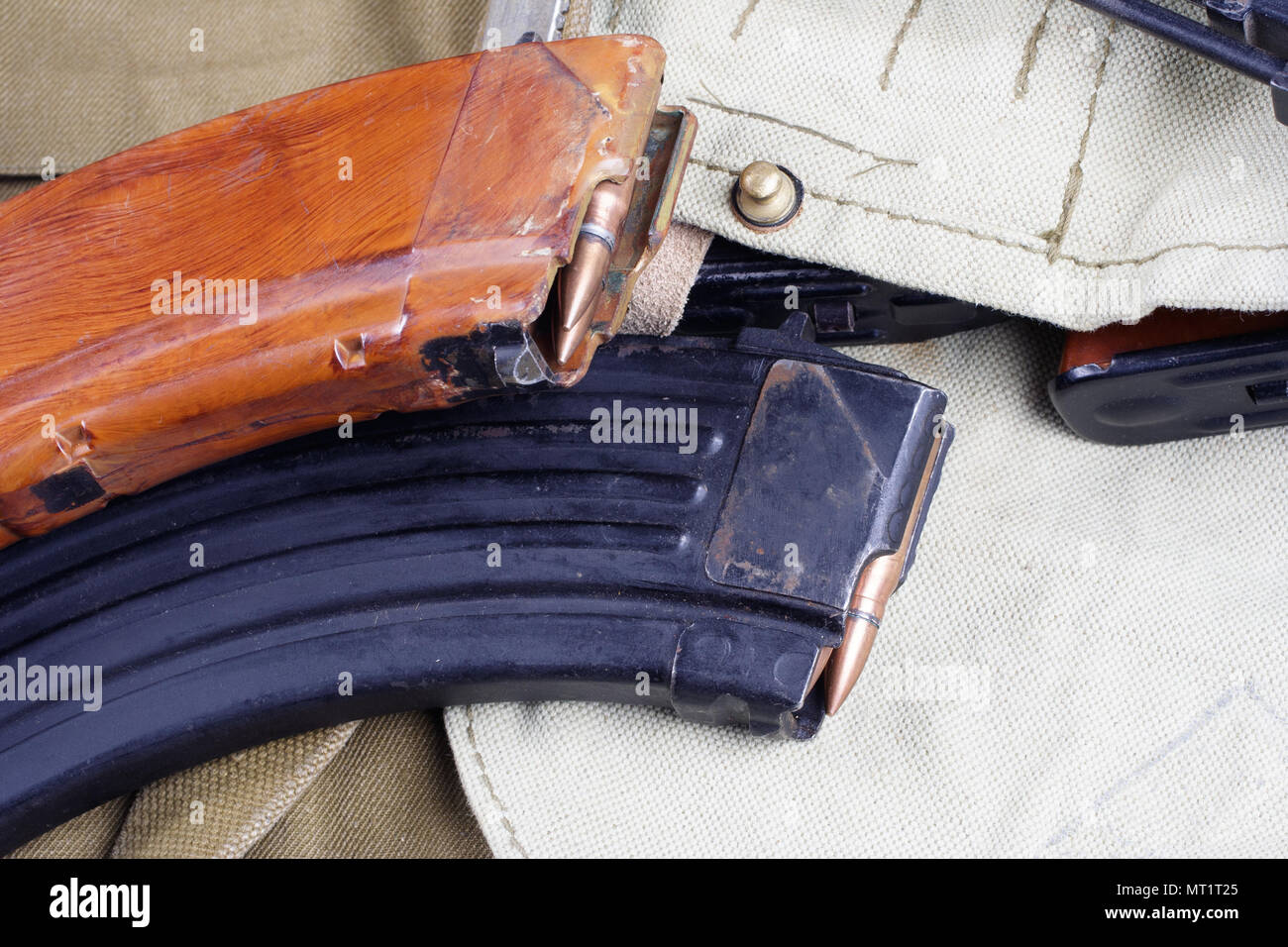 AK47 cartridge magazine on USSR Soviet Army khaki uniform background ...