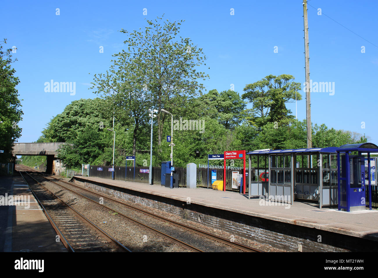 View of an empty platform 1 at Cherry tree railway station, lancashire ...