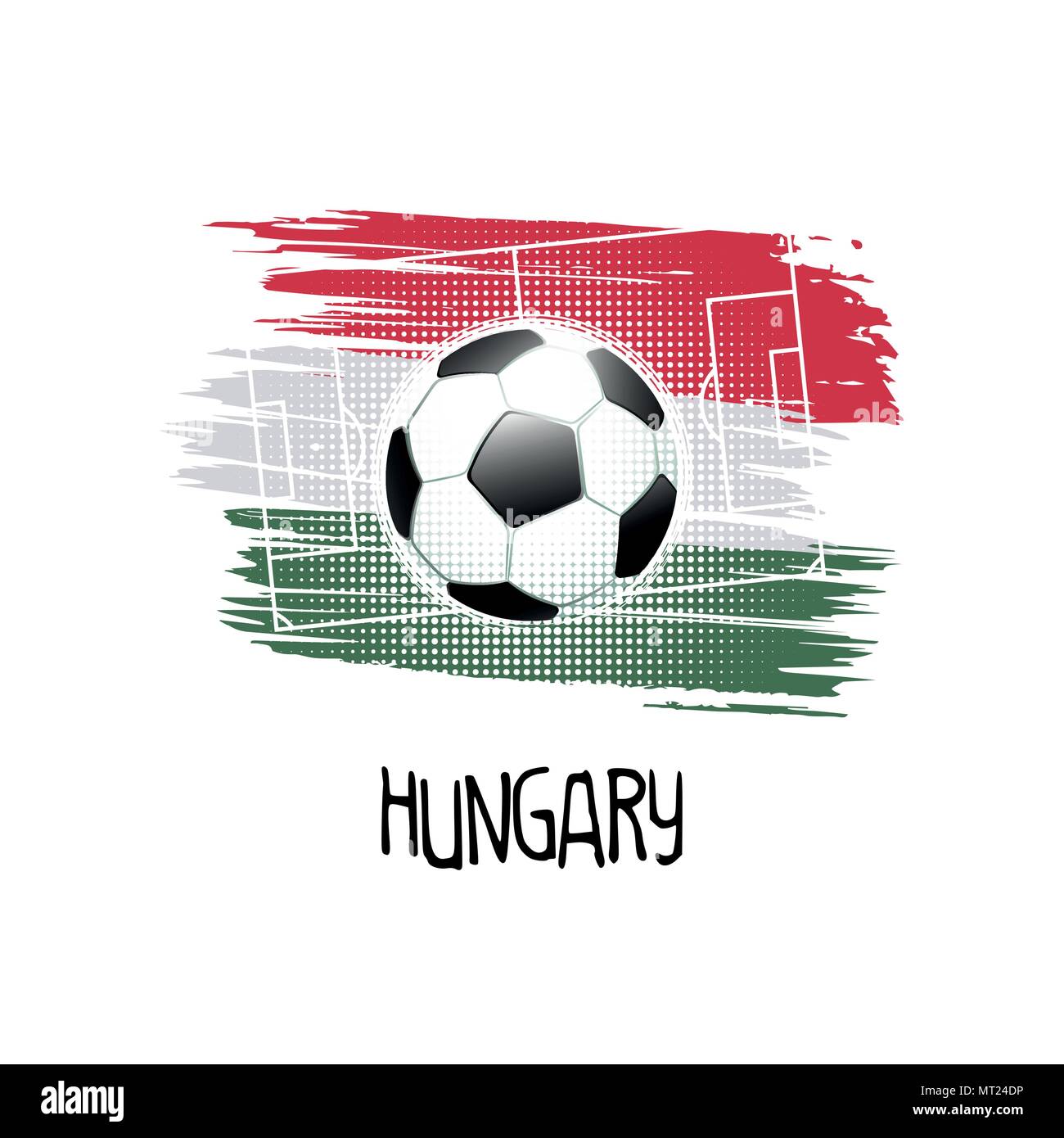 Hand written word "Hungary" with soccer ball, soccer field and abstract ...
