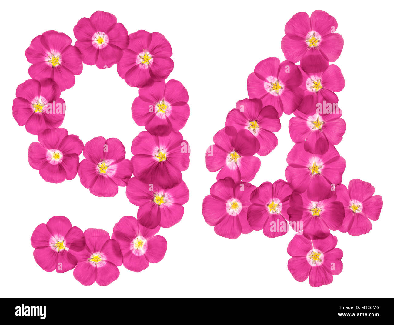 Arabic numeral 94, ninety four, from pink flowers of flax, isolated on ...