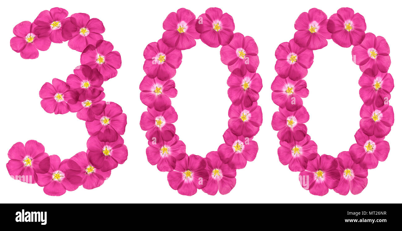 Arabic numeral 300, three hundred, from pink flowers of flax, isolated ...