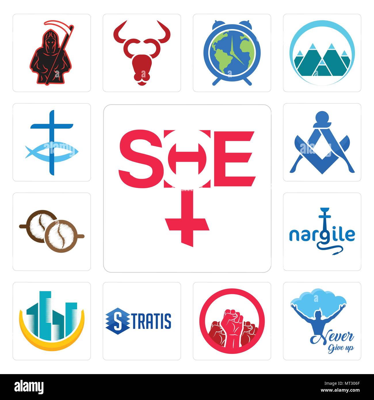 Set Of 13 simple editable icons such as she, never give up, social ...