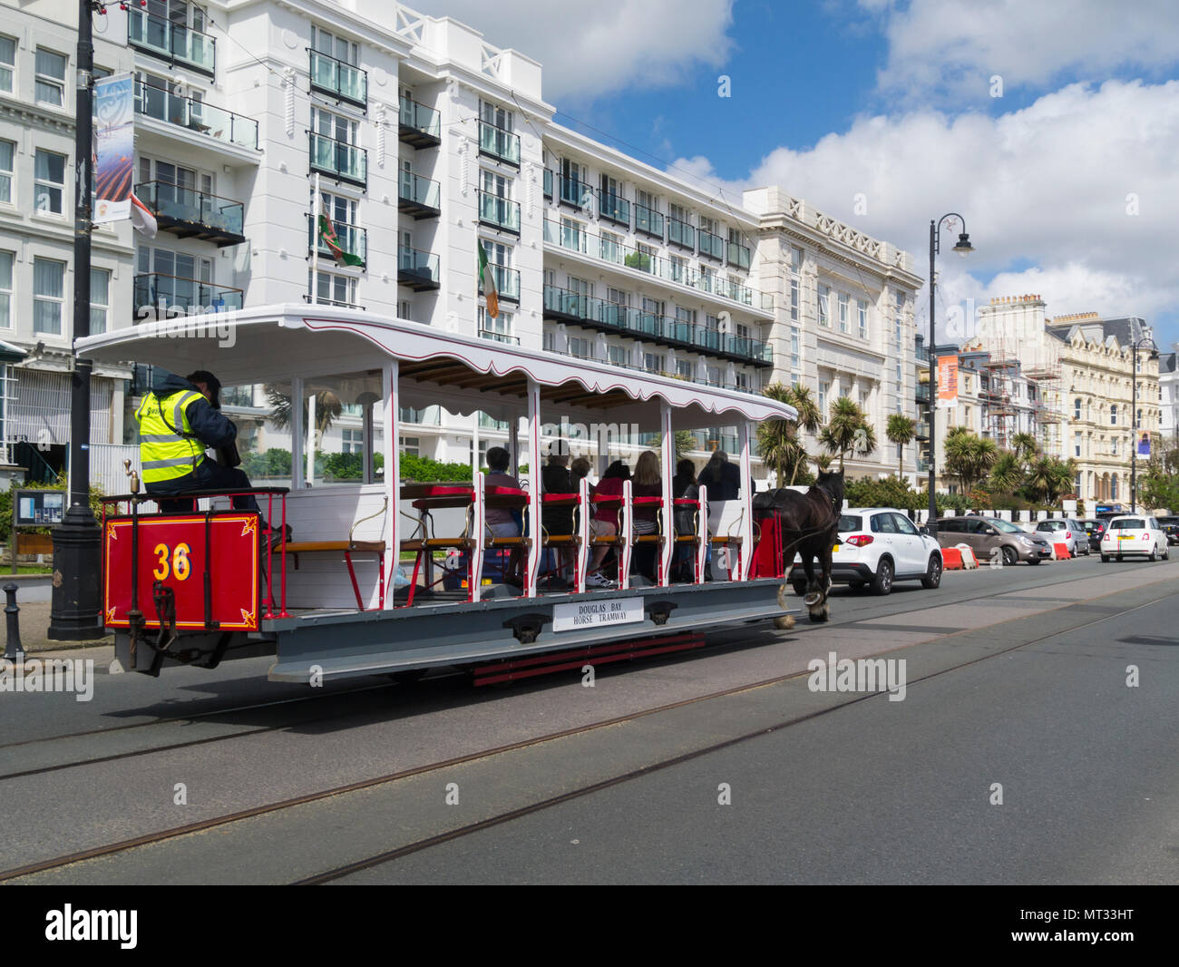 Douglas Bay Horse Tramway transport on Harris promenade passing sea ...