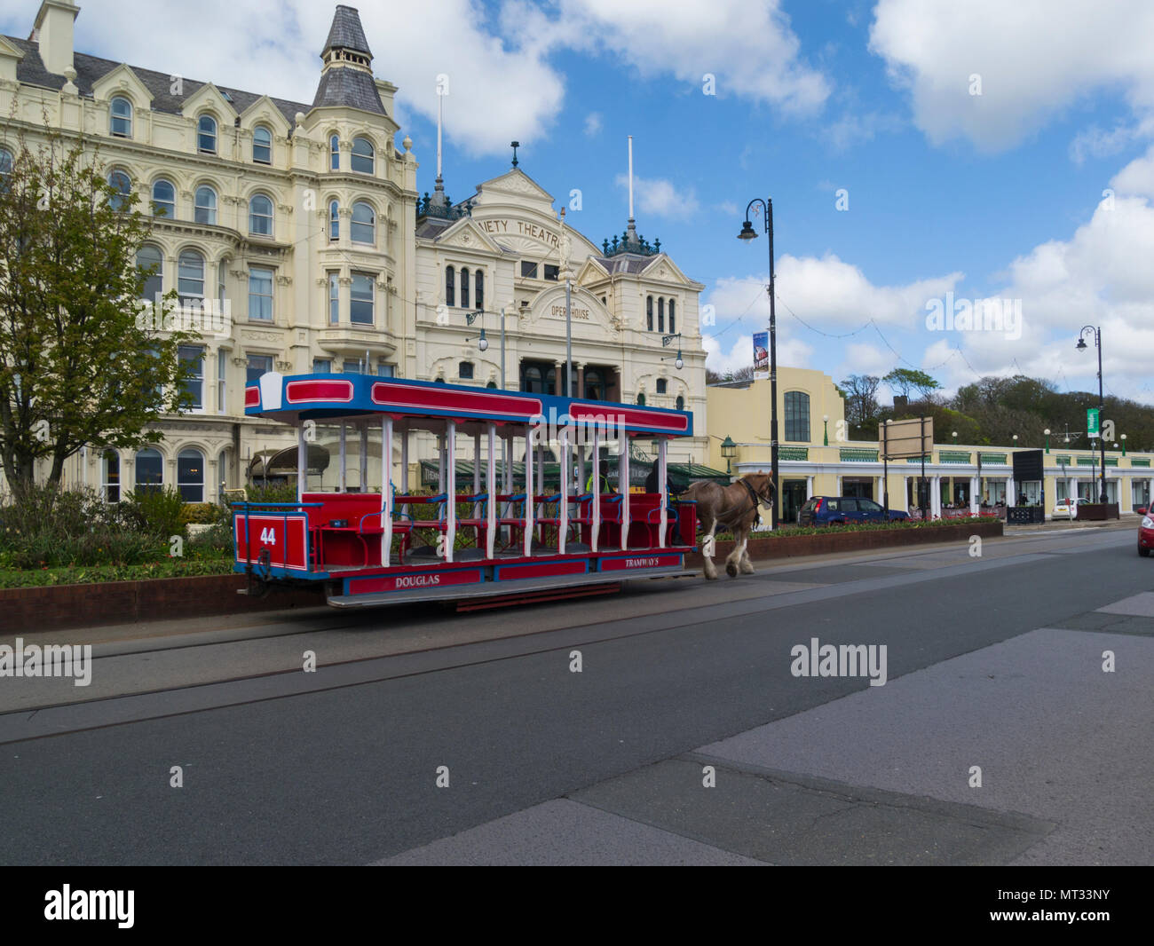 Douglas Bay Horse Tramway transport on Harris promenade passing Gaiety ...