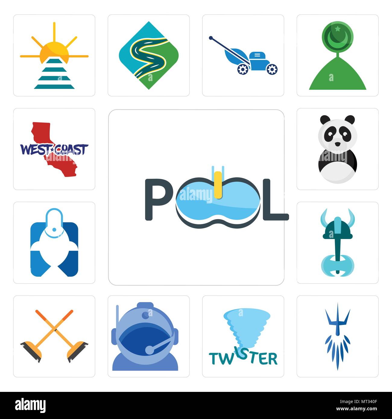 Set Of 13 simple editable icons such as pool company, poseidon, twister ...