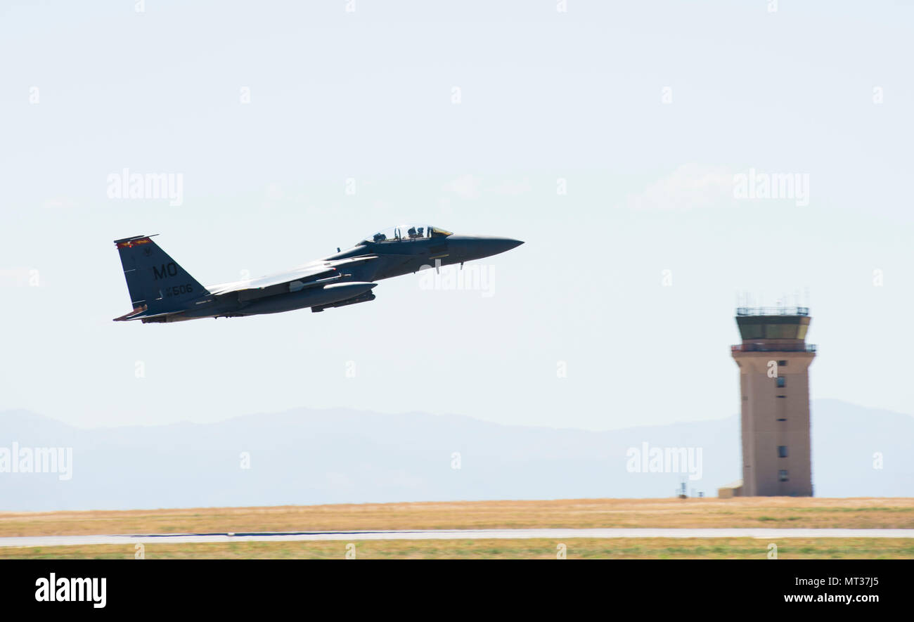 An F-15E Strike Eagle takes off at Mountain Home Air Force Base, Idaho ...