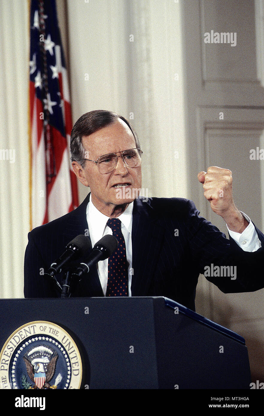 Washington DC., USA, June 4, 1992 President George H.W. Bush respondes ...