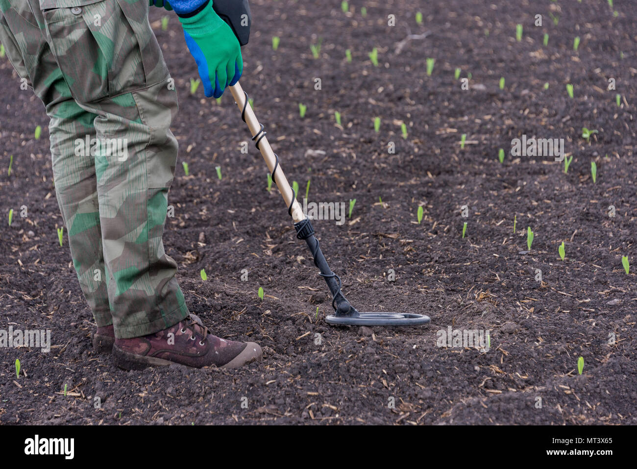 man to seek treasure on earth with a metal detector, walks the field ...