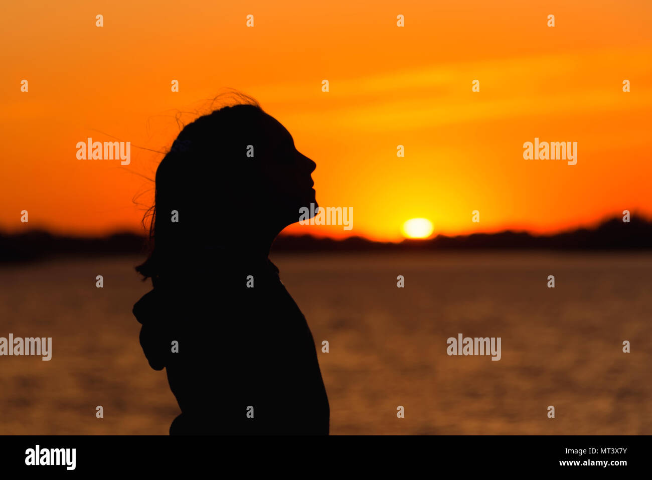 silhouette of a girl against the evening sun red sunset, facing the sun ...