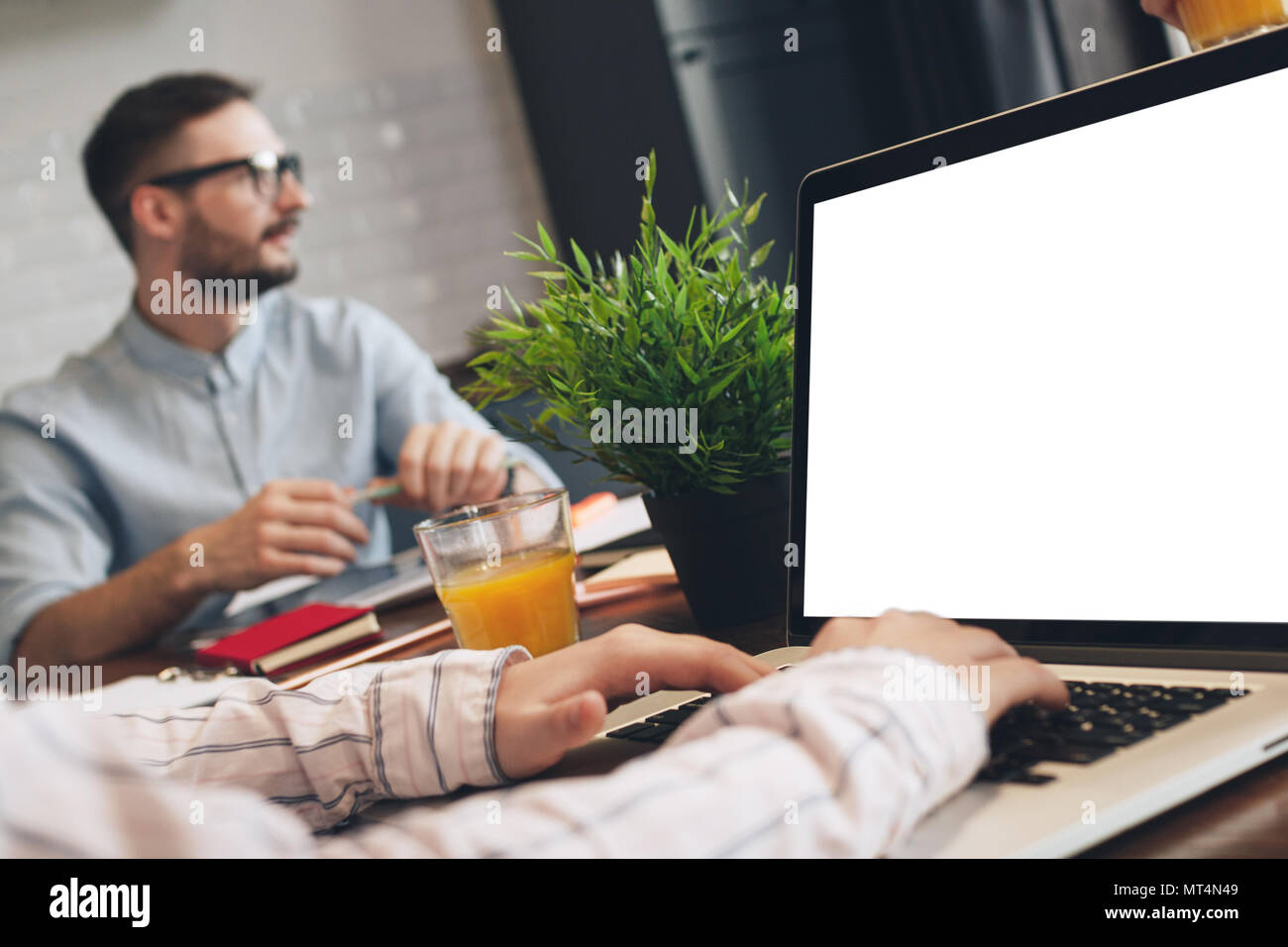 Close up view of white blank screen of laptop and female hands typing ...