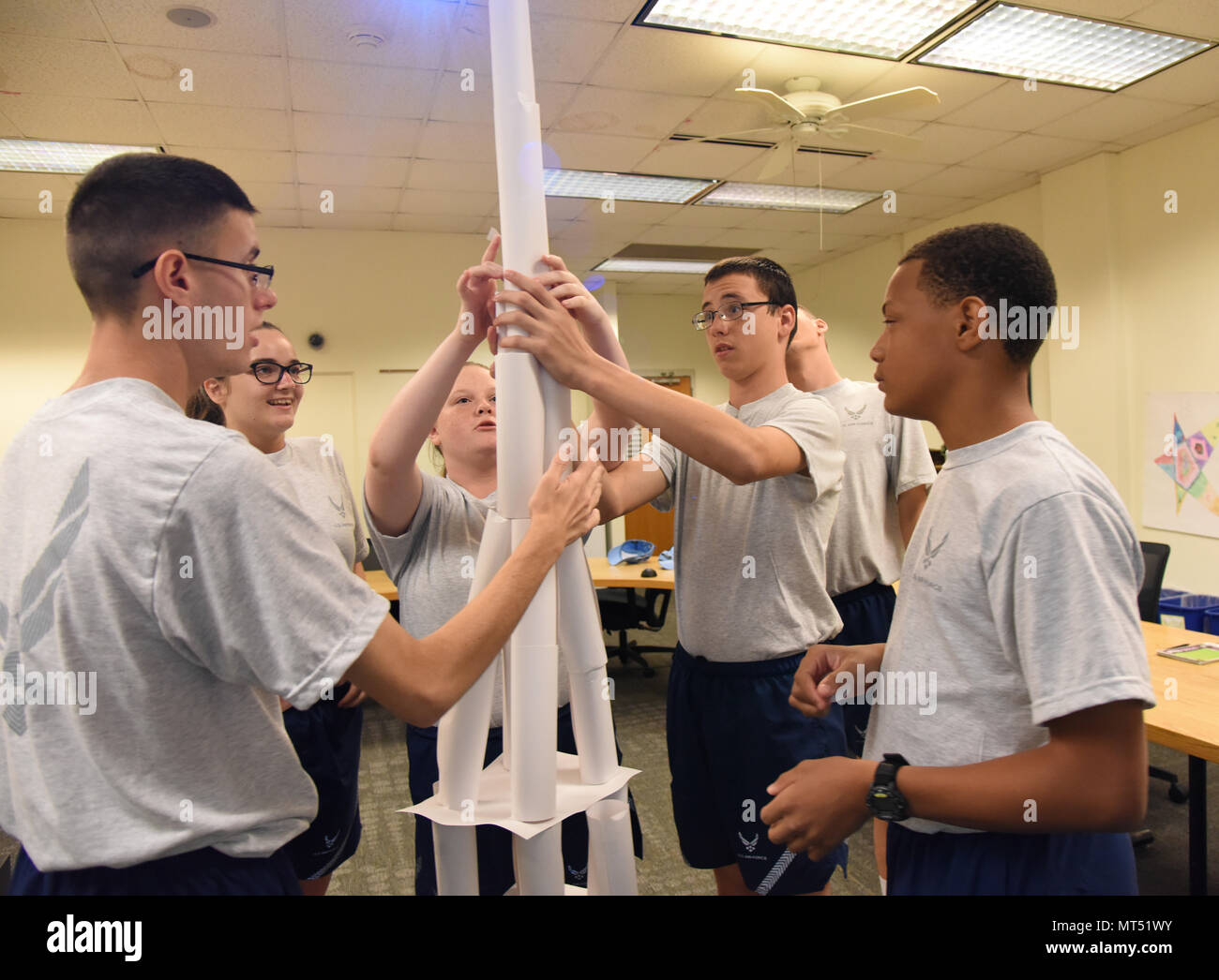 Raptor Flight cadets assemble a paper tower as they participate in a ...