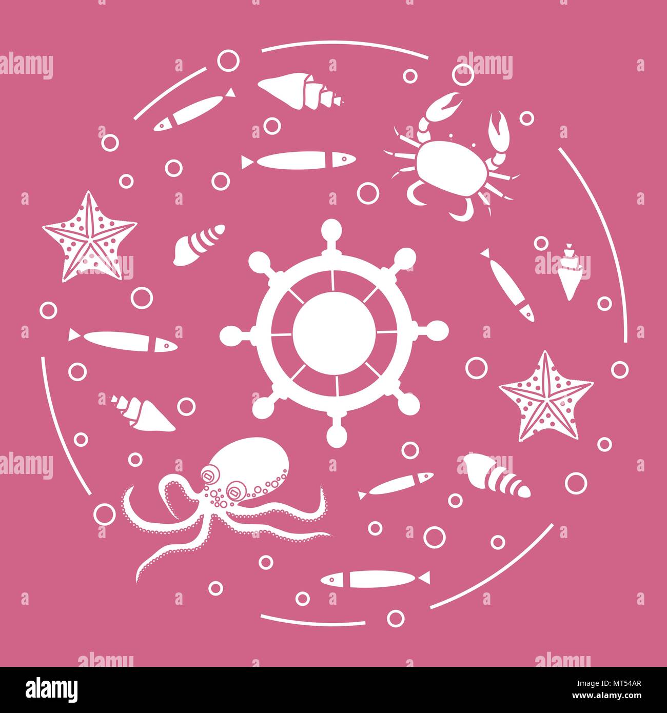 Steering wheel and sea inhabitants: fish, seashells, starfish, crab ...