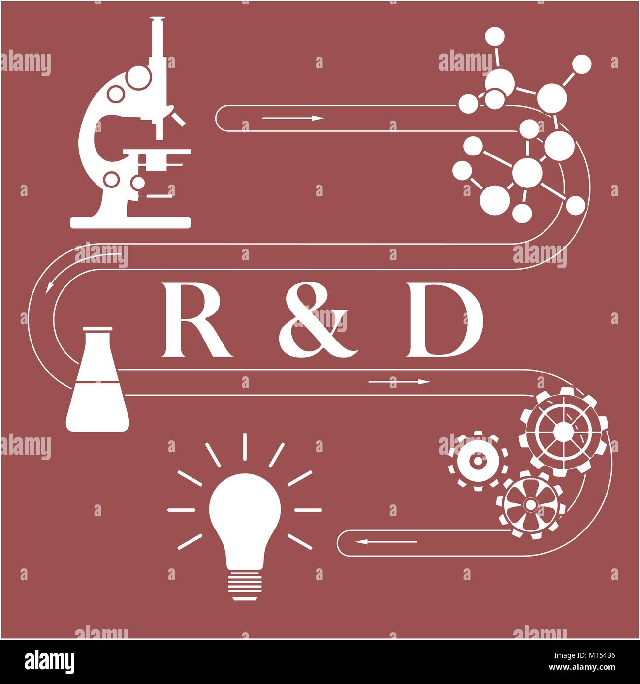 Research and development concept. Microscope, gears, flask, molecule ...