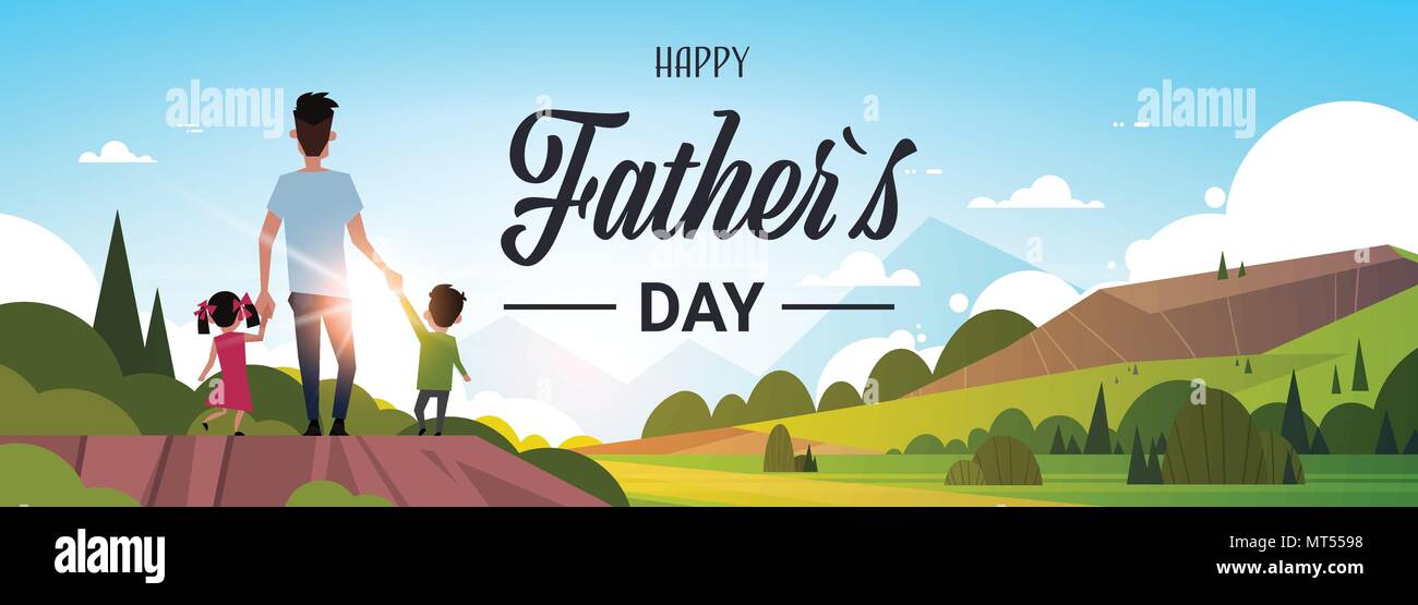 happy father day family holiday daughter and son hold dad hand stand ...