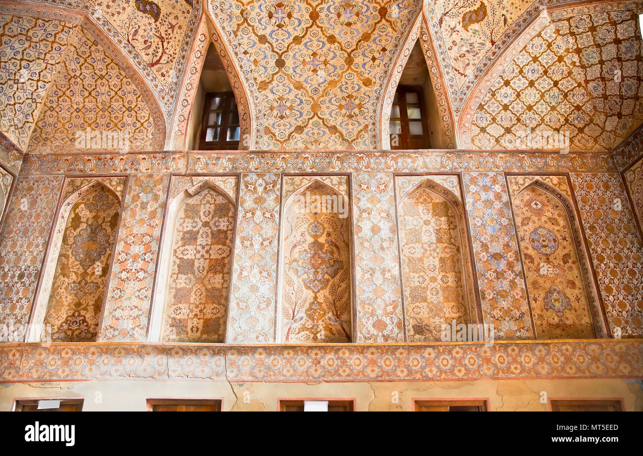 Oriental ornamented wall inside of Ali Qapu Palace, Esfahan, Iran Stock ...