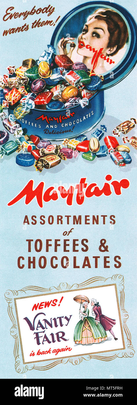 1954 British advertisement for Mayfair toffee and chocolate assortment ...