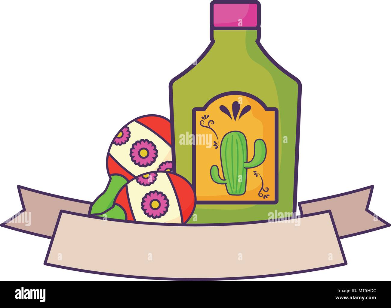 decorative ribbon with tequila bottle and maracas over white background ...