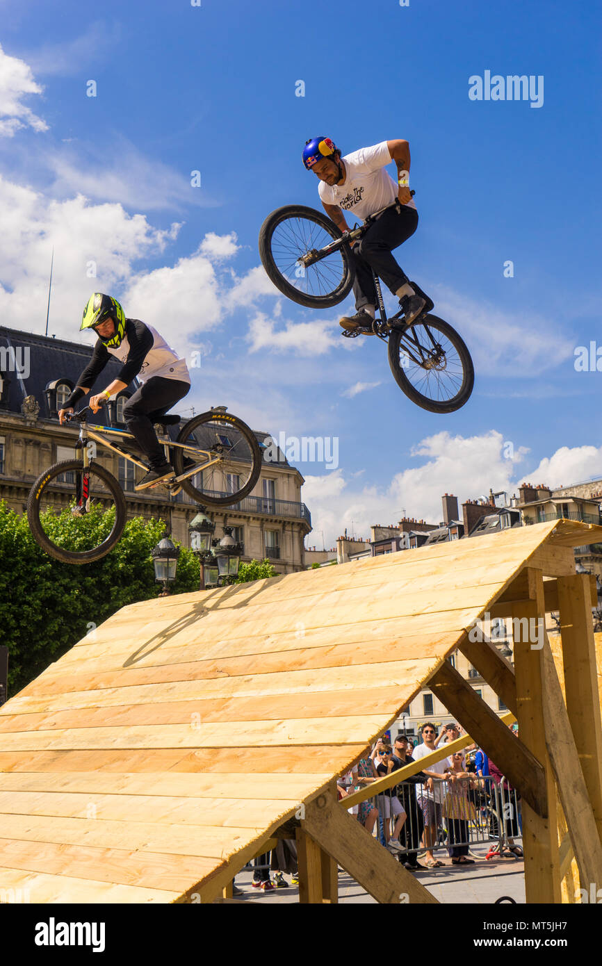 PARIS ,FRANCE- 27 May 2018: young man on bmx doing tricks, during a ...