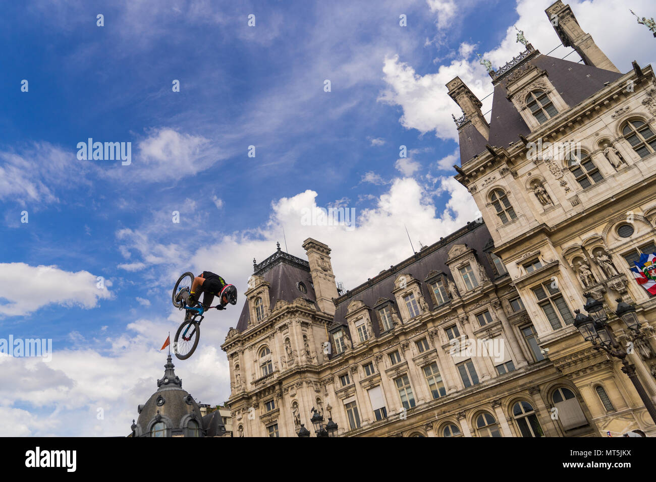 PARIS ,FRANCE- 27 May 2018: young man on bmx doing tricks, during a ...