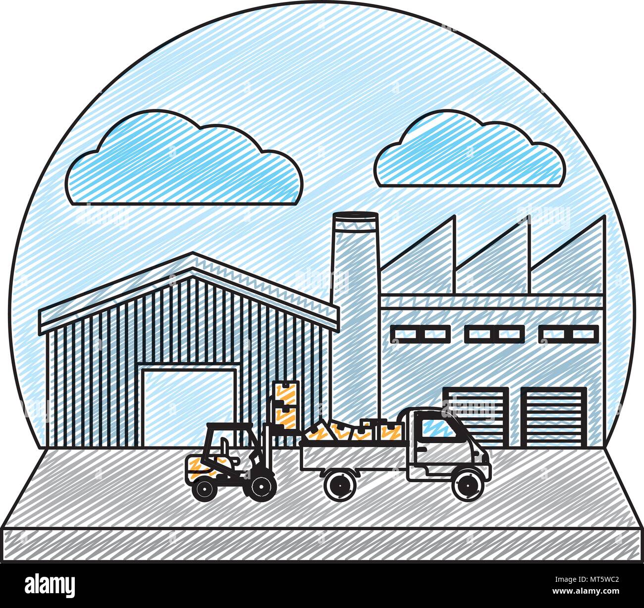 doodle delivery store with forklift service and truck boxes Stock ...