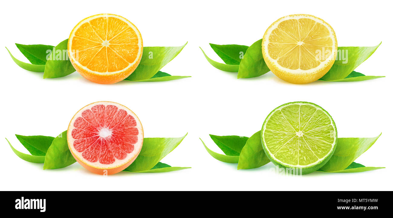 Collection of isolated citrus fruits. Halves of orange, lemon ...