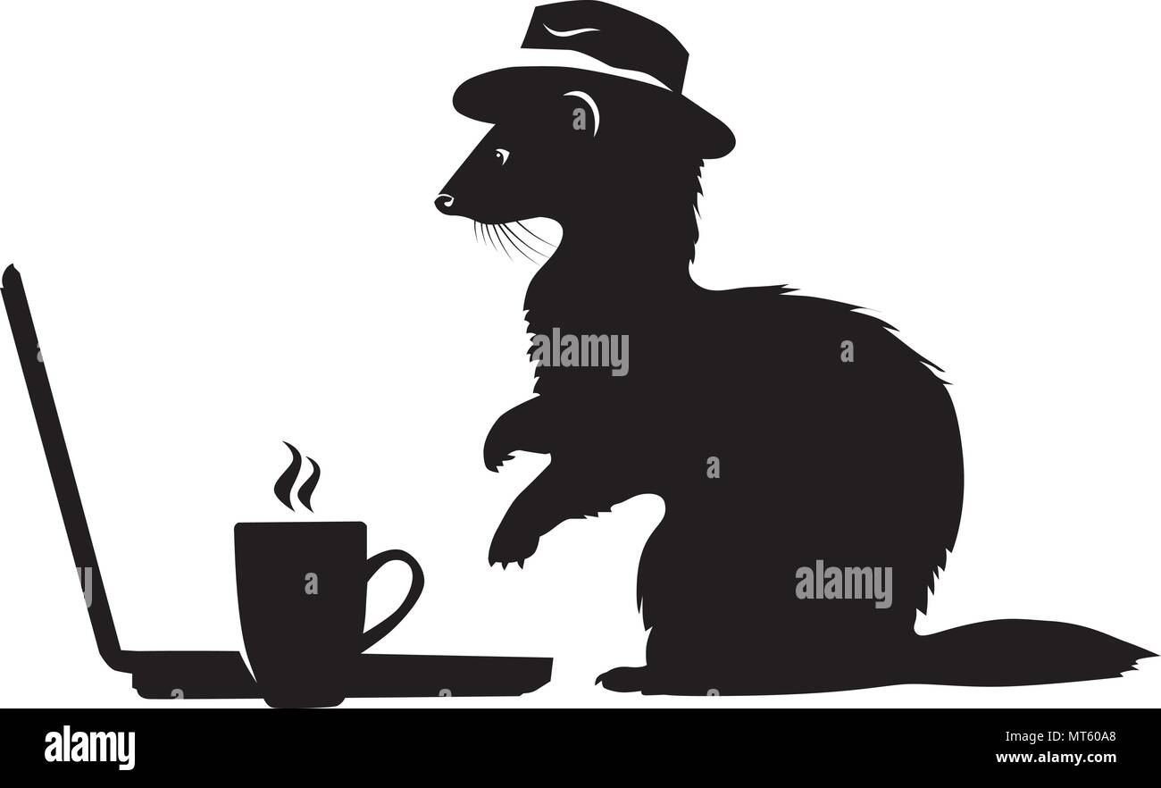 Black &White Logo. Ferret with hat typing news and drinking coffee ...