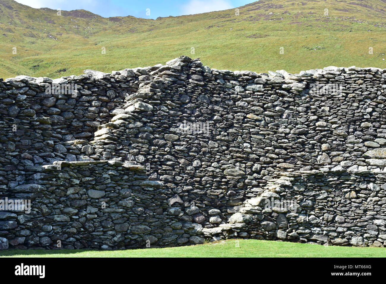 View of wall of Irish stone ringfort from inside showing system of ...