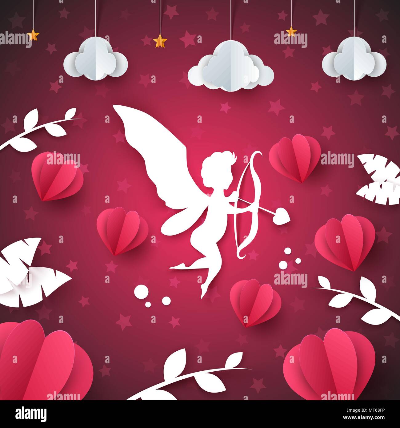 Cupid, angel, heart - paper illustration. Cloud, star, leaf Stock ...