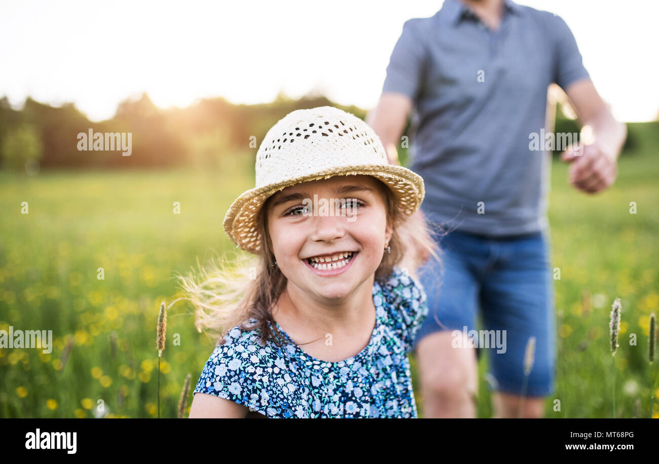 Father with a small daughter running in spring nature Stock Photo - Alamy