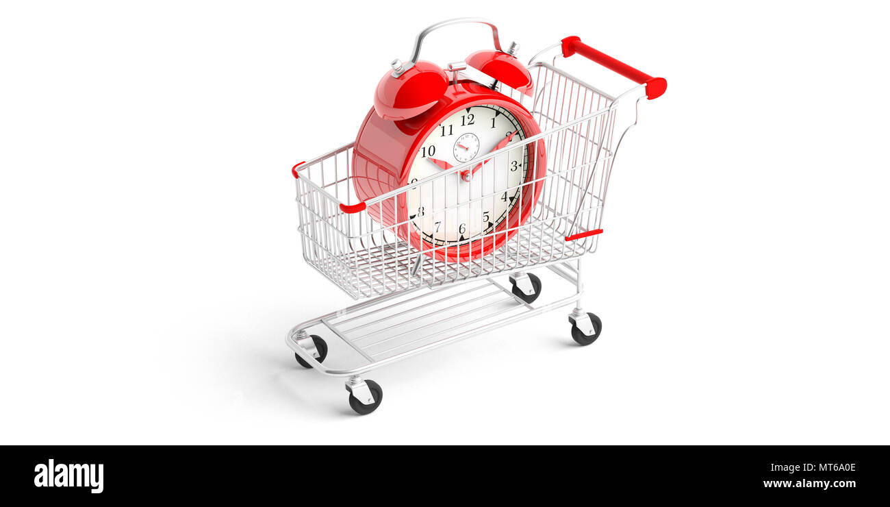 Time for shopping. Shopping cart and a red alarm clock isolated on ...