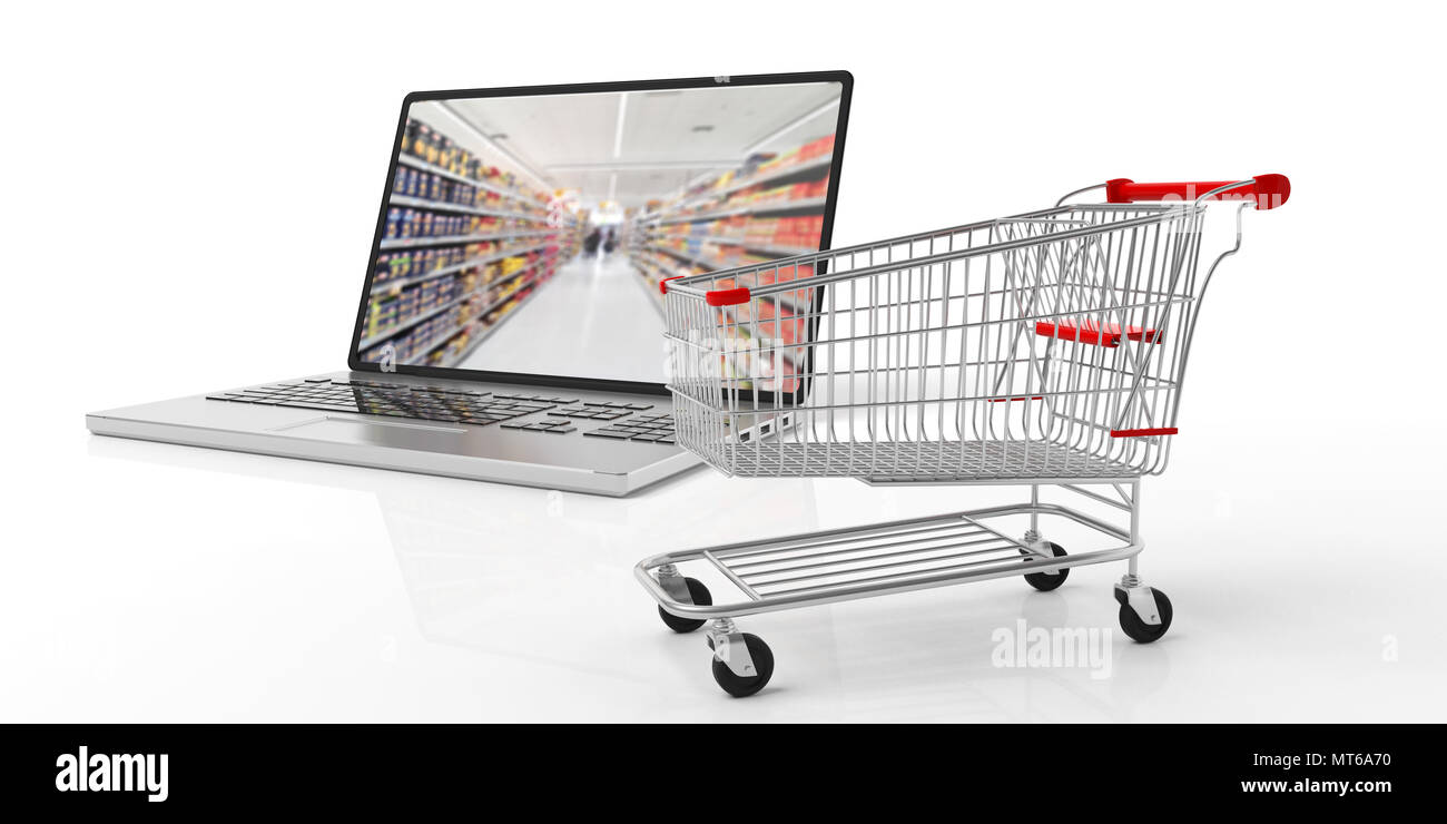 Online shopping. Shopping cart and a computer laptop, isolated on white ...