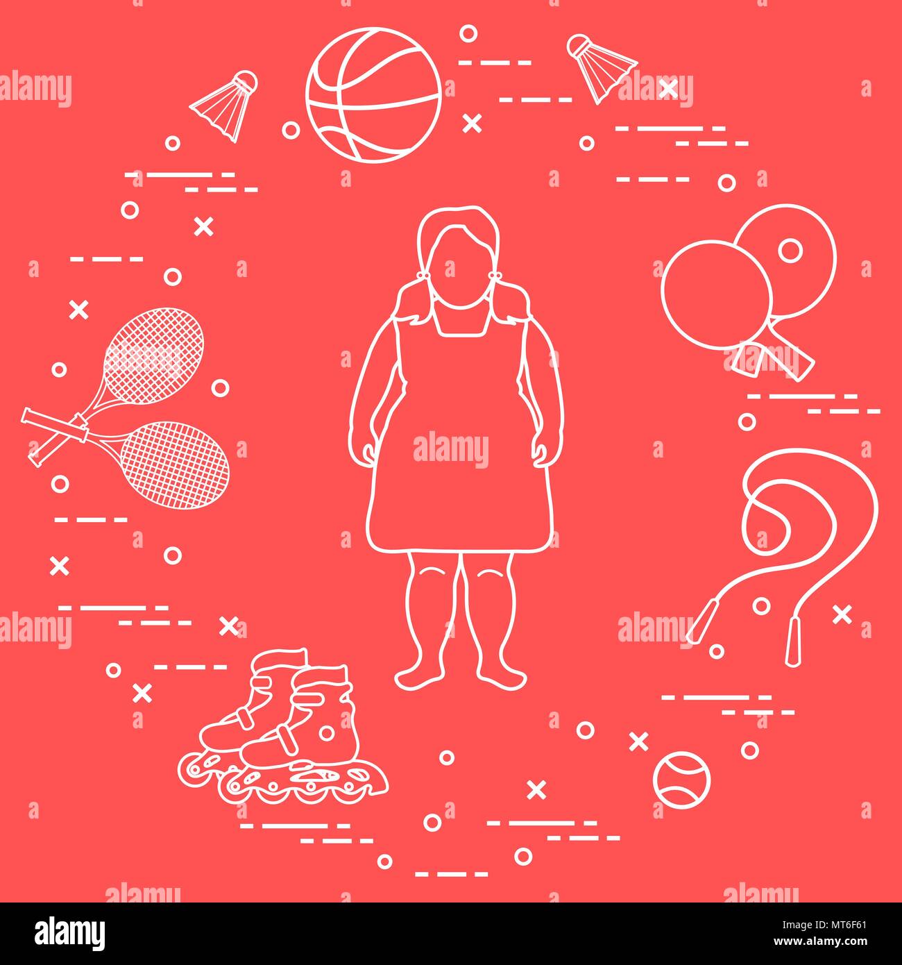 Fat girl, badminton rackets and shuttlecocks, tennis and basketball ...