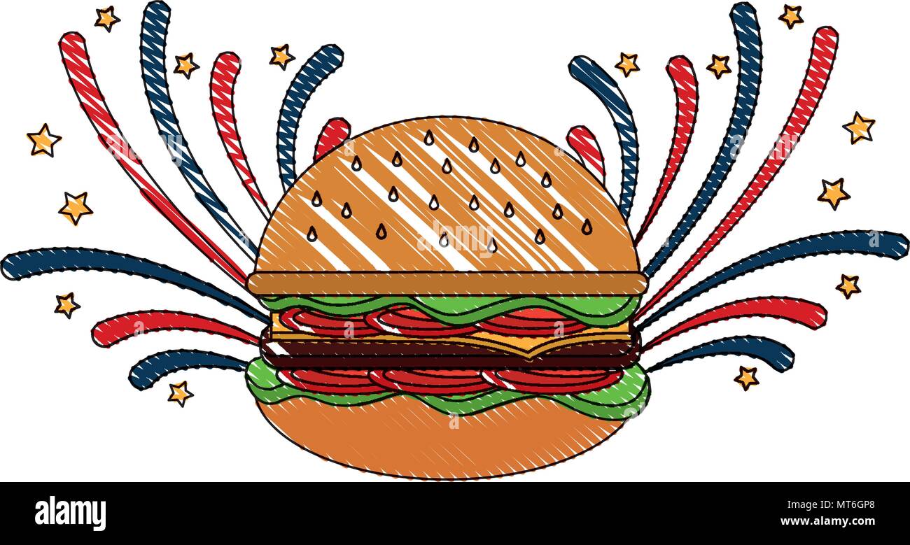 fast food hamburger and fireworks celebration vector illustration Stock ...