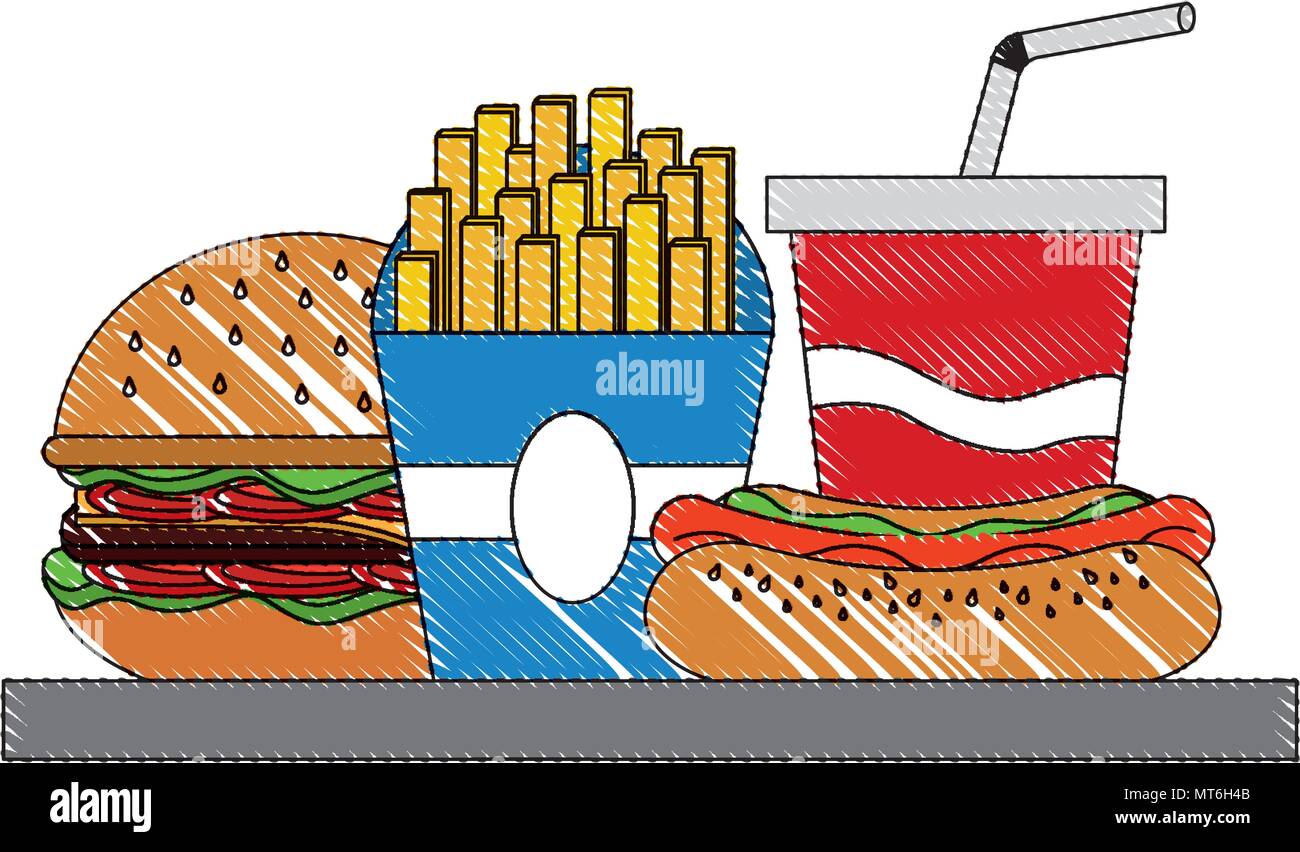 fast food burger hot dog soda and french fries on tray vector ...