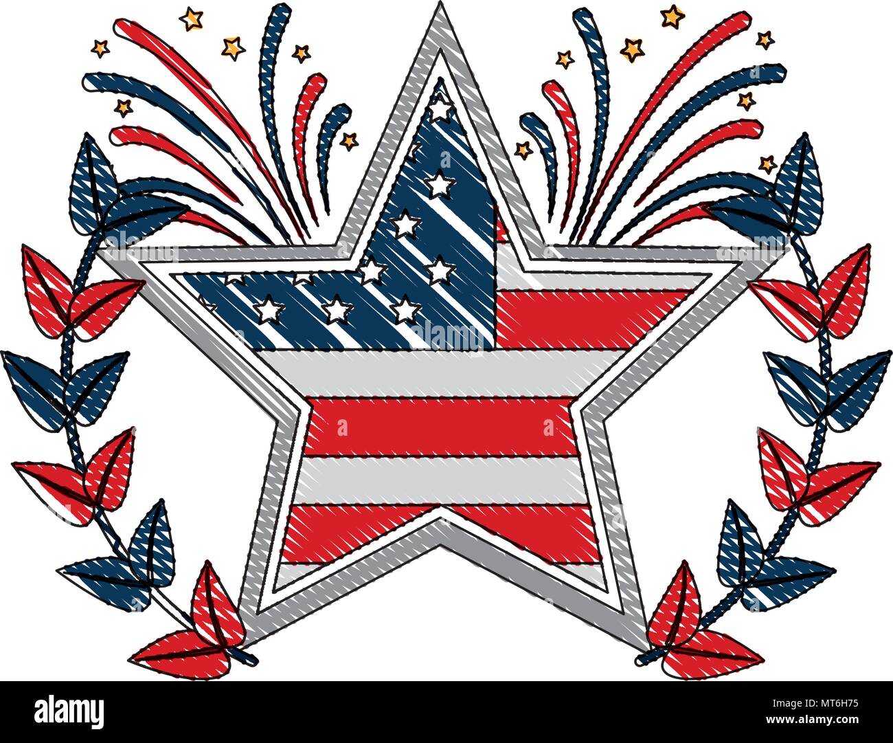 american flag in star with fireworks emblem vector illustration Stock ...