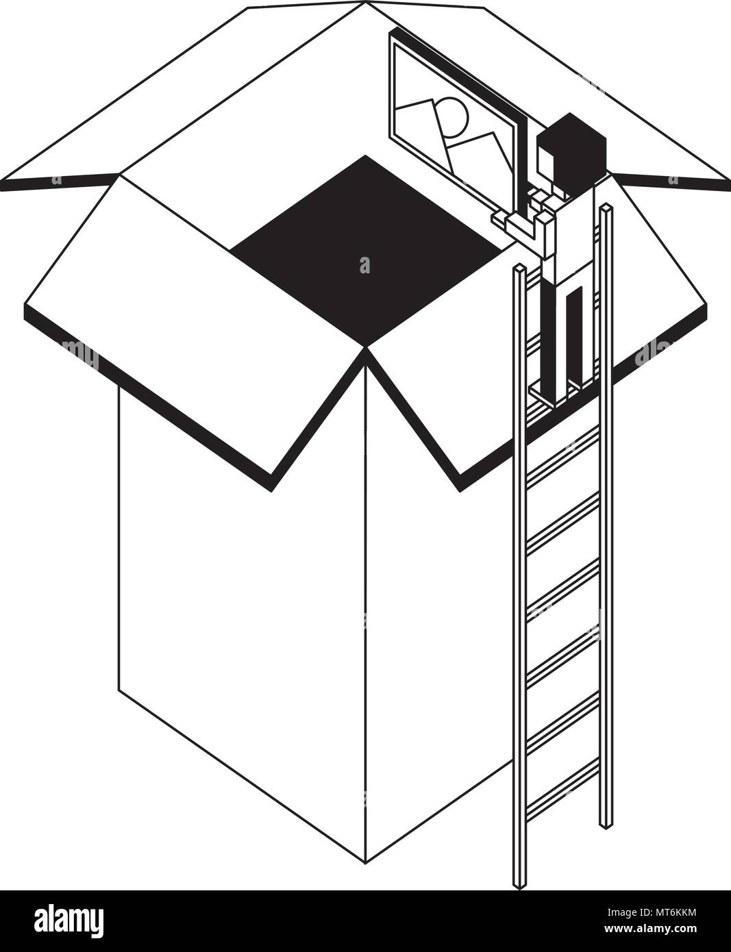 employee in stairs puts photo on cardboard box vector illustration ...