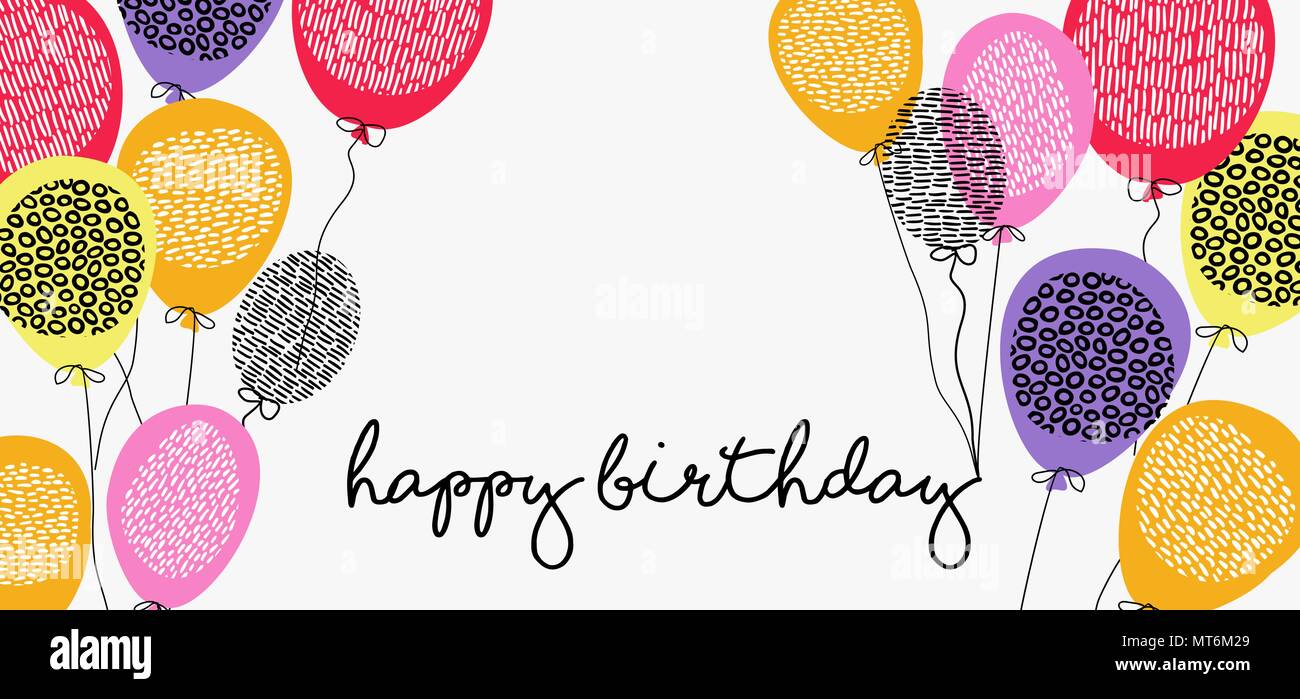 Happy birthday web banner, party balloon background with abstract hand ...